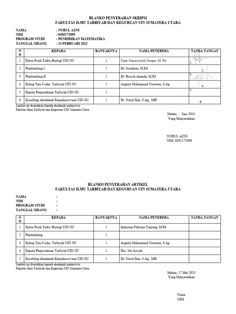 Blanko Penyerahan Skripsi | PDF