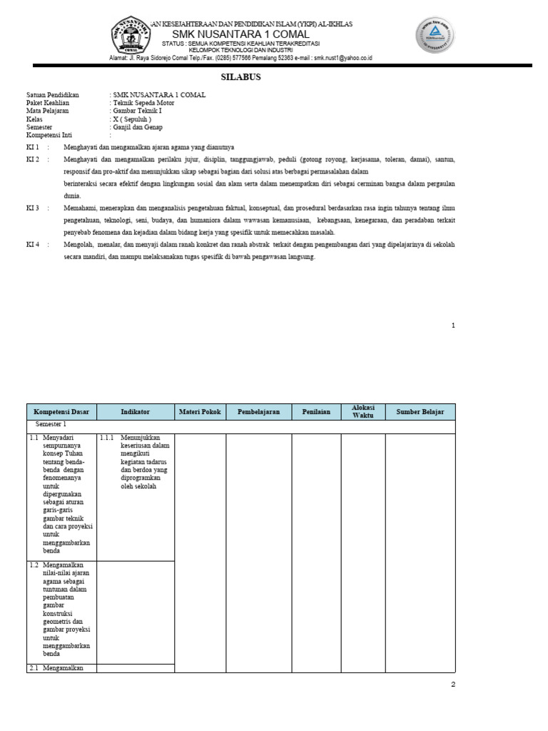 Silabus Gambar Teknik Kelas X | PDF