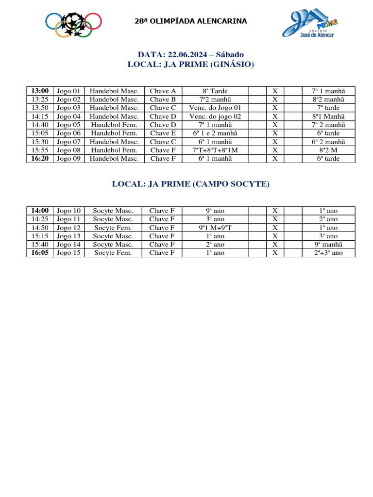 Tabela Prime 28 Olimpiada Alencarina 2024 - ERRATA | PDF | Equipamentos esportivos | Jogos com bola