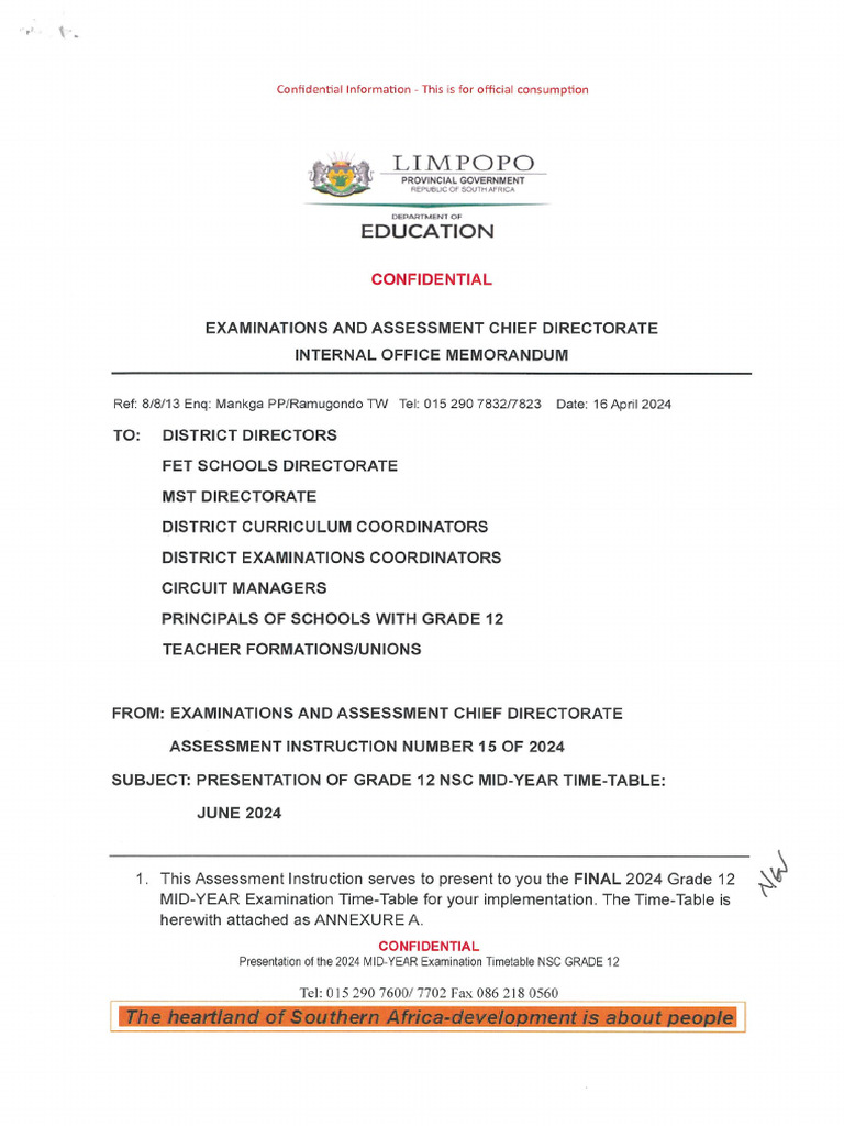 FINAL 202406 Grade 12 NSC Mid Year Exam Time Table | PDF