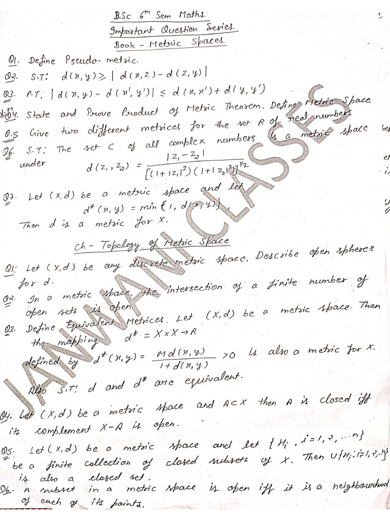 Metric Space Imp Questions Series (B.SC 6th Sem) | PDF