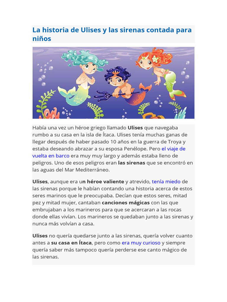 La Historia de Ulises y Las Sirenas Contada para Niños | PDF | Sirena | Odiseo