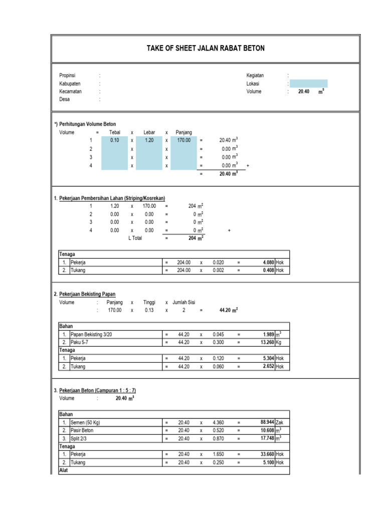Take of Sheet Jalan Rabat Beton | PDF