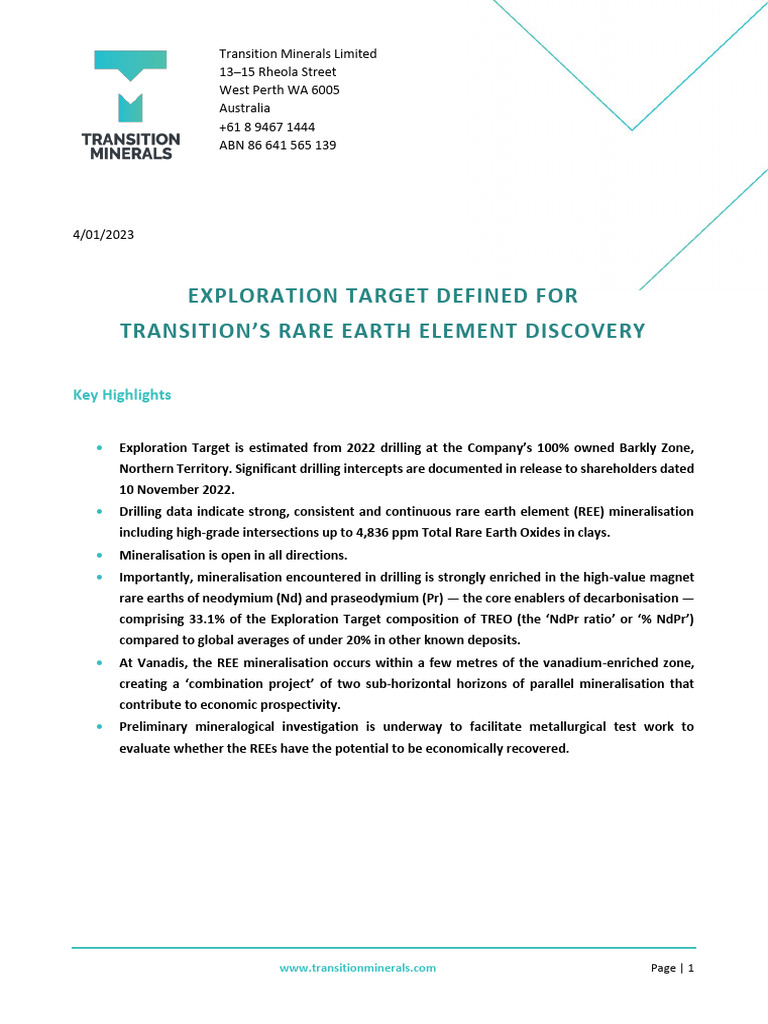 Transition Minerals REE Exploration Target 1 | PDF | Materials