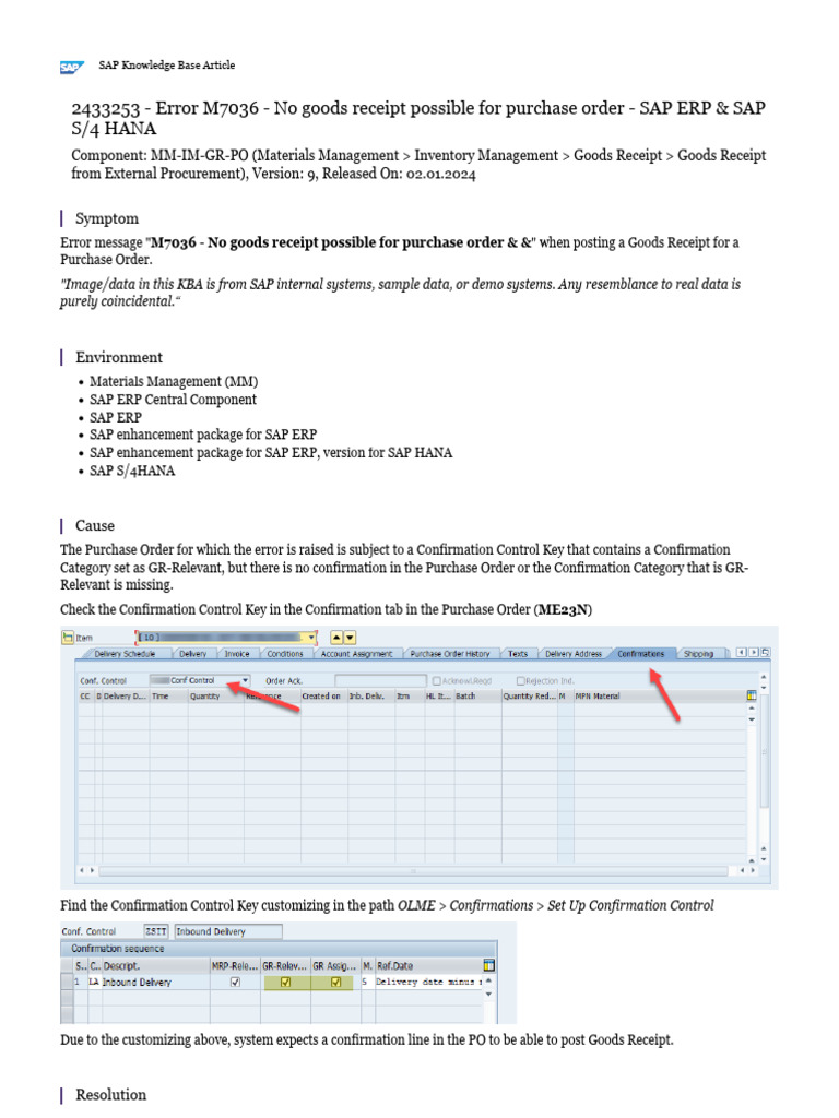 Error M7036 - No Goods Receipt Possible For Purchase Order - SAP ERP & SAP S/4 Hana | PDF ...