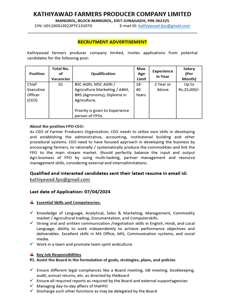 CEO Recruitment for Kathiyawad FPO | PDF | Audit | Recruitment