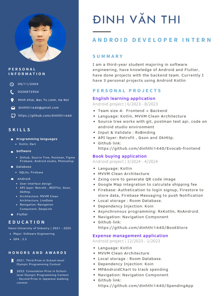 CV ĐinhVănThi Android Intern | PDF | Android (Operating System) | Databases