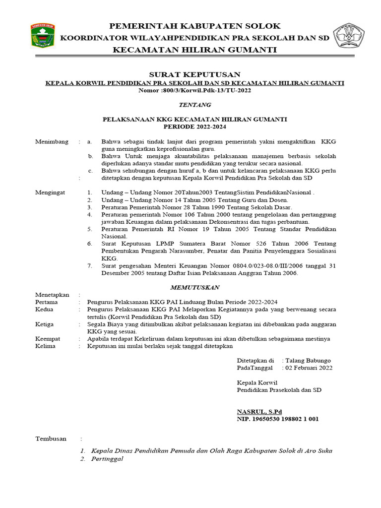 SK Pengurus KKG Pai Linduang Bulan 2022 - 085812 | PDF