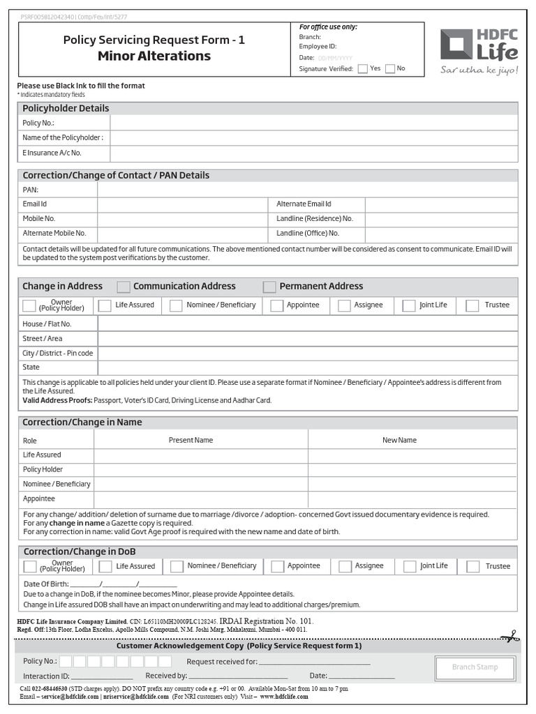 Policy Servicing Request Minor Alterations Form | PDF | Insurance ...