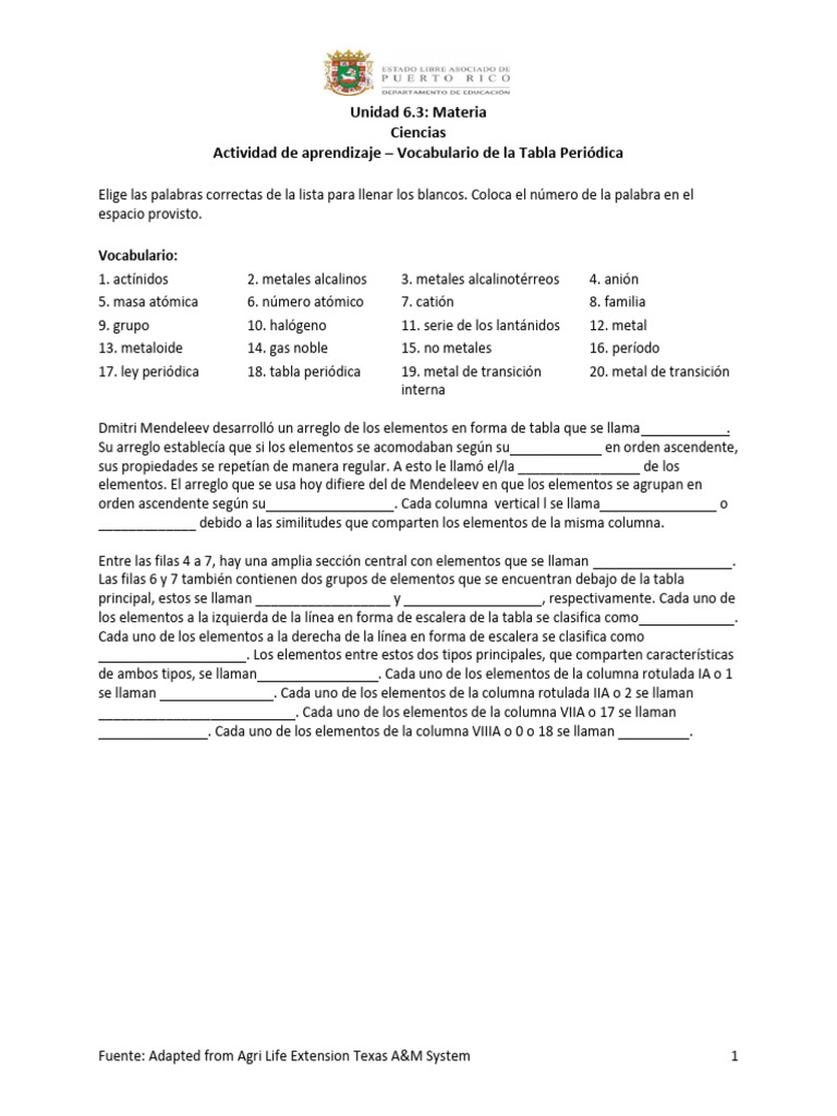 6.3 Actividad de Aprendizaje - Vocabulario de La Tabla Periódica | PDF ...