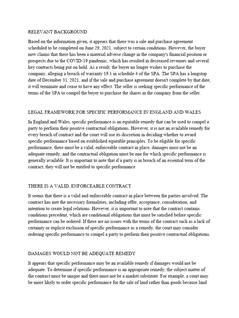 Draft Memorandum | PDF | Specific Performance | Breach Of Contract