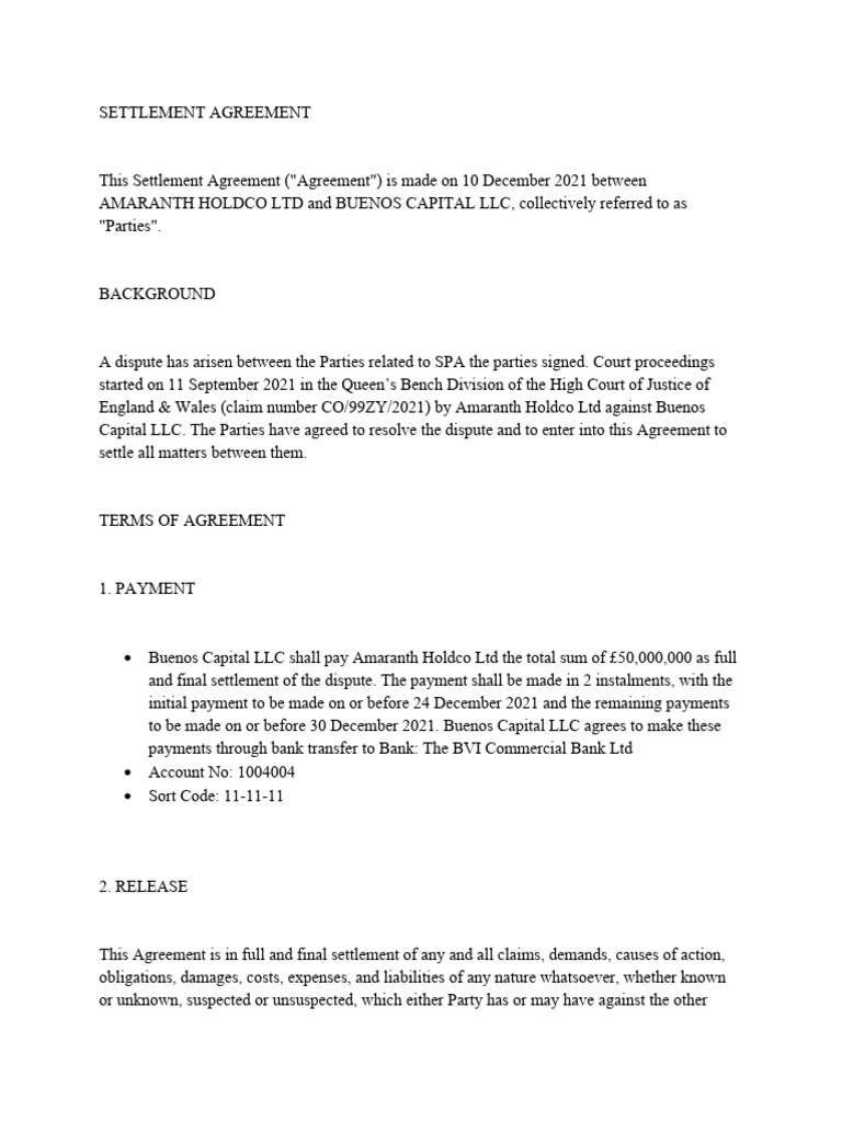 SETTLEMENT AGREEMENT | PDF | Settlement (Litigation) | Payments