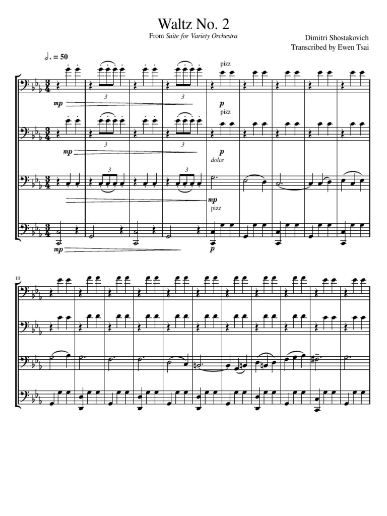Shostakovich Waltz No. 2 Arranged For Cello Quartet | Download Free PDF | Musical Compositions ...