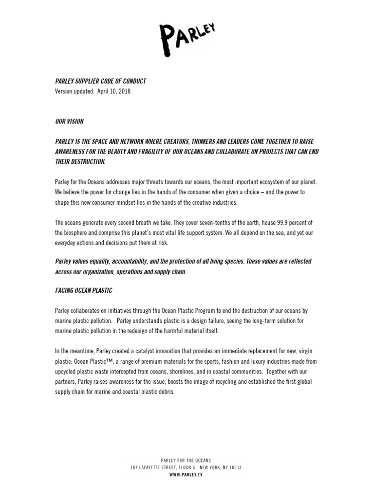 Parley Supplier Code of Conduct | PDF | Employment | Occupational ...