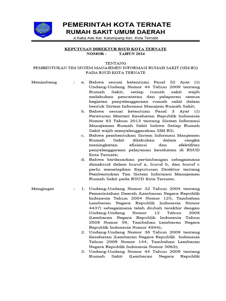 Pembentukan Tim SIM-RS RSUD Ternate | PDF