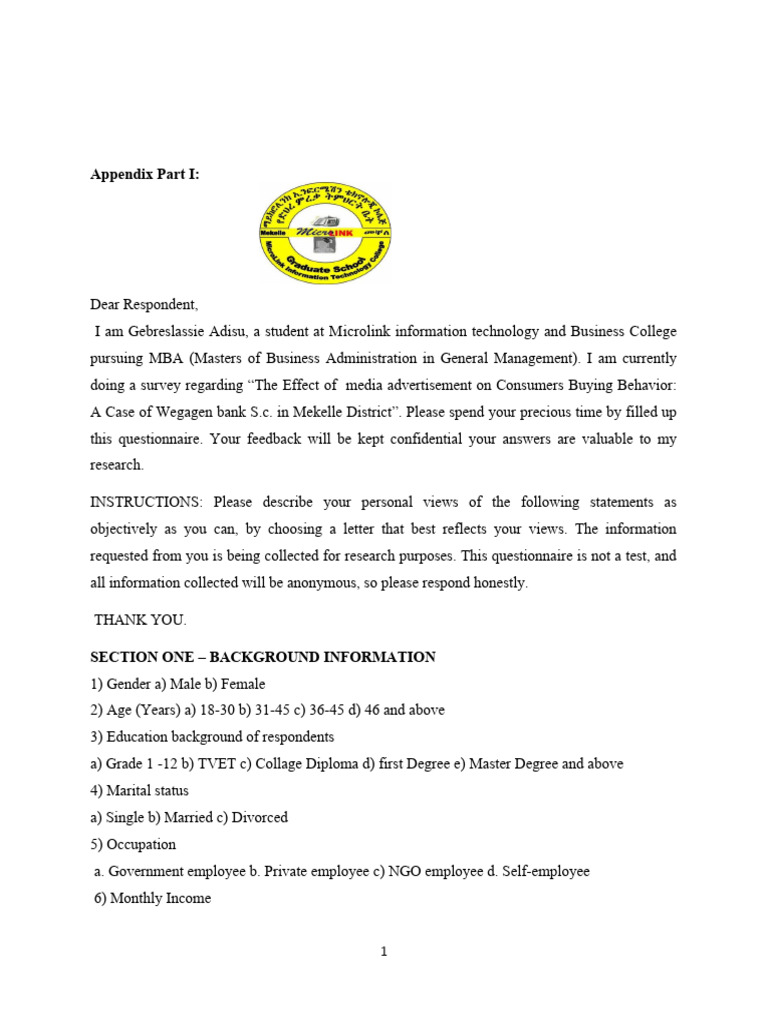 Revised QuesionanierGebreslassie Adisu MBA | PDF | Advertising | Behavior