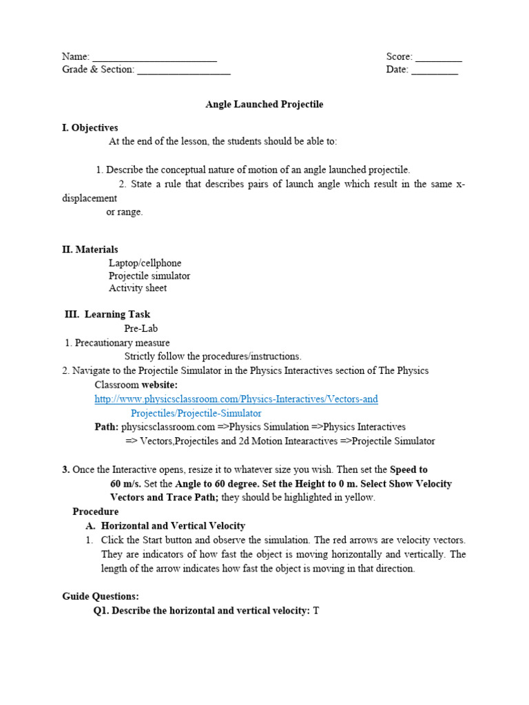 Activity-Angle-Launched-projectile | Download Free PDF | Velocity ...