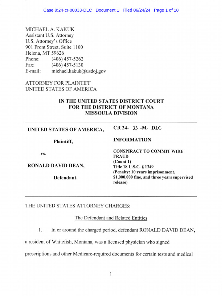 U.S. v. Ronald David Dean - Information DMT | PDF | Medicare (United ...