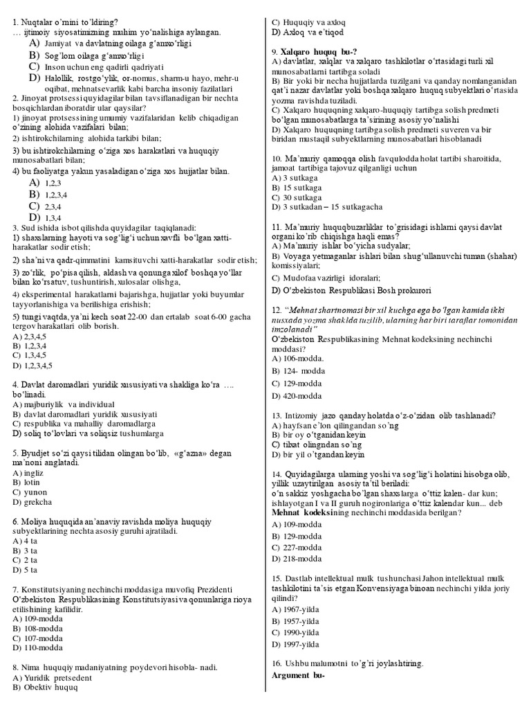 A) B) C) D) : Nusxada Yozma Shak Lda Tuzilib, Ularning Har Biri Taraflar Tomonidan Imzolanadi" | PDF