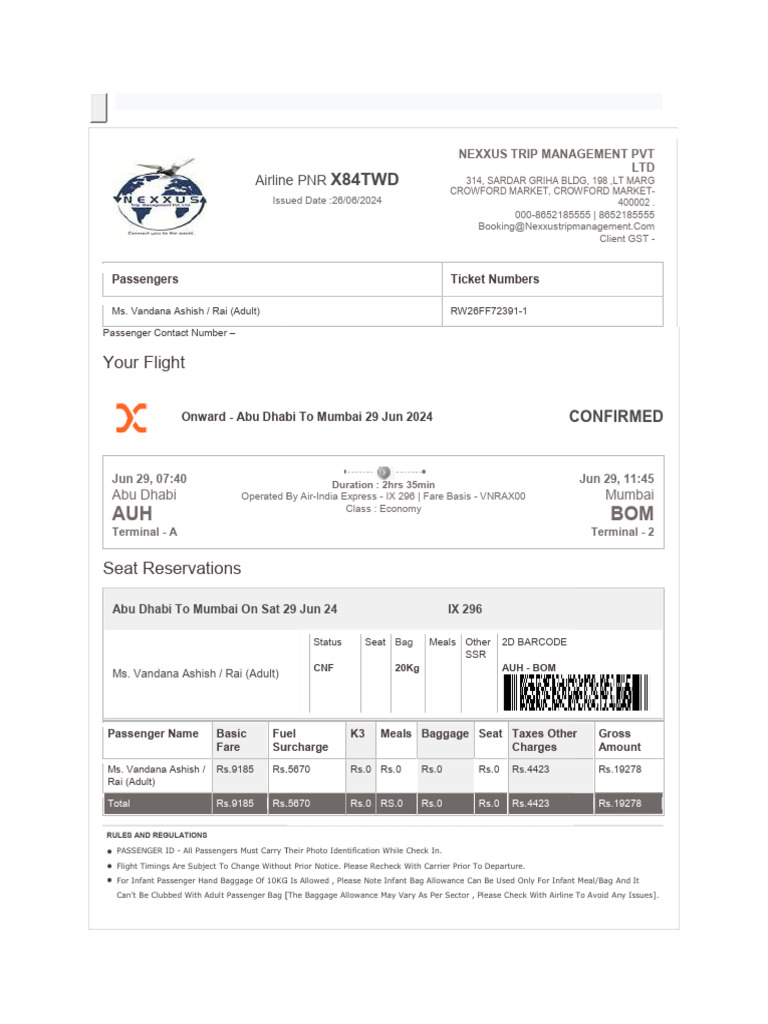 AUH BOM Vandana Ashish Rai Ticket | PDF | Airlines | Transport