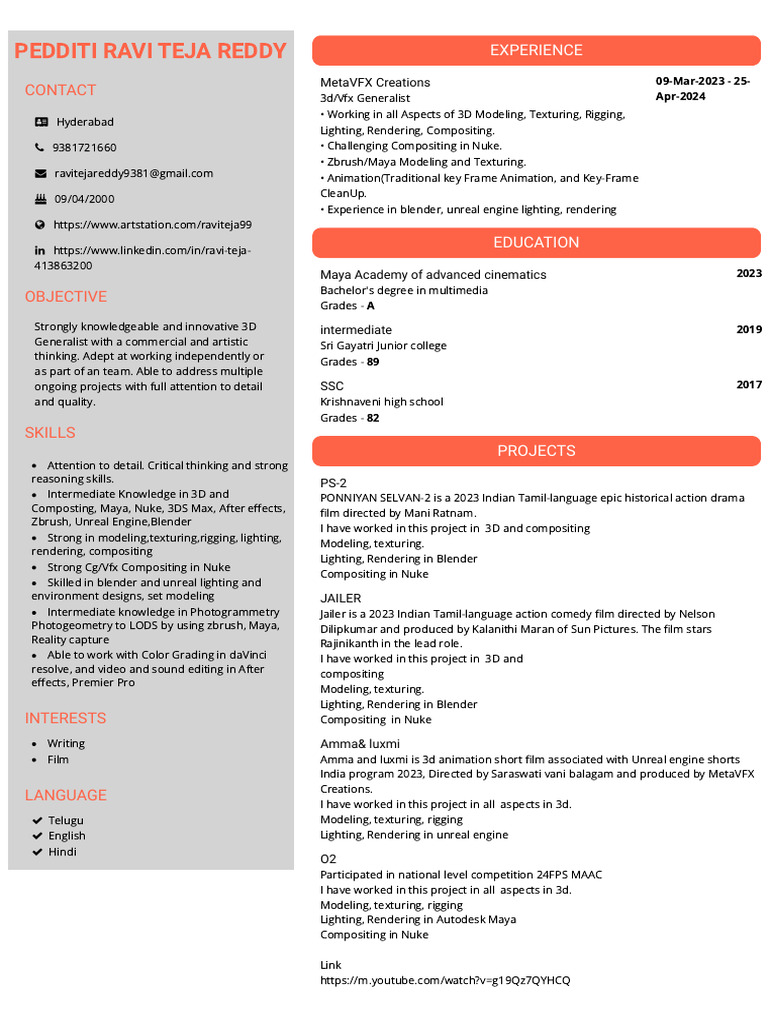 Pedditi Ravi Teja Reddy - Resume1 | PDF | 3 D Computer Graphics ...