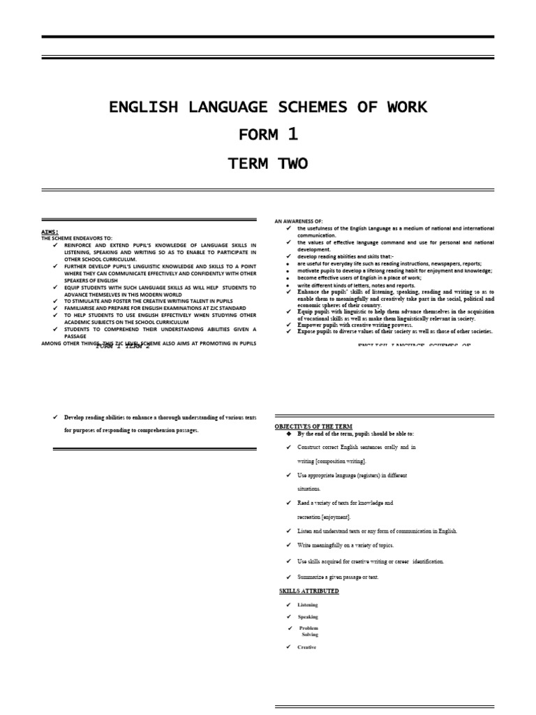 English Schemes Form 1 | PDF | Reading Comprehension | Subject (Grammar)
