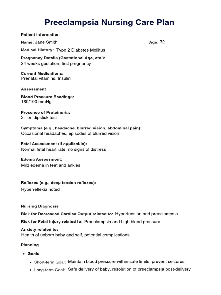 Preeclampsia Nursing Care Plan | PDF | Blood Pressure | Hypertension