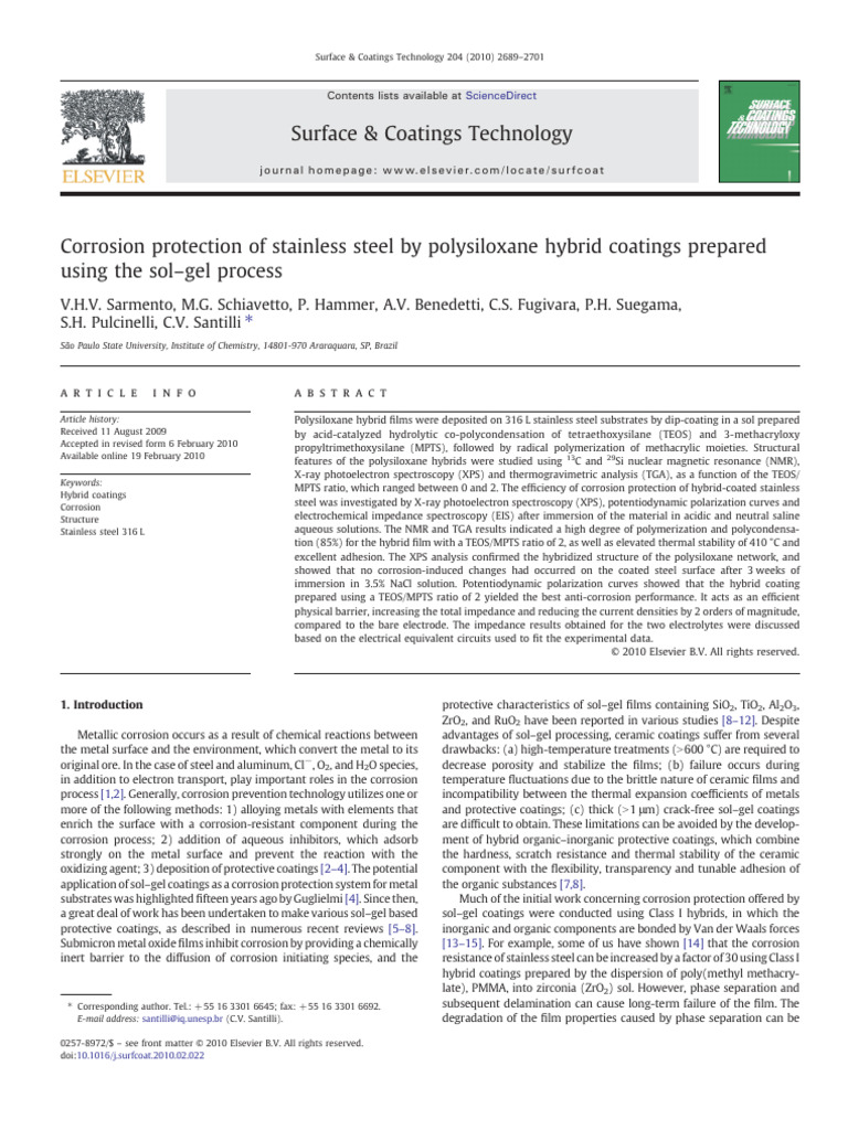 Corrosion Protection of Stainless Steel by Polysiloxane Hybrid Coatings ...