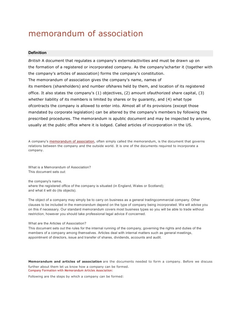 Memorandum of Association | PDF | Articles Of Association | Board Of ...