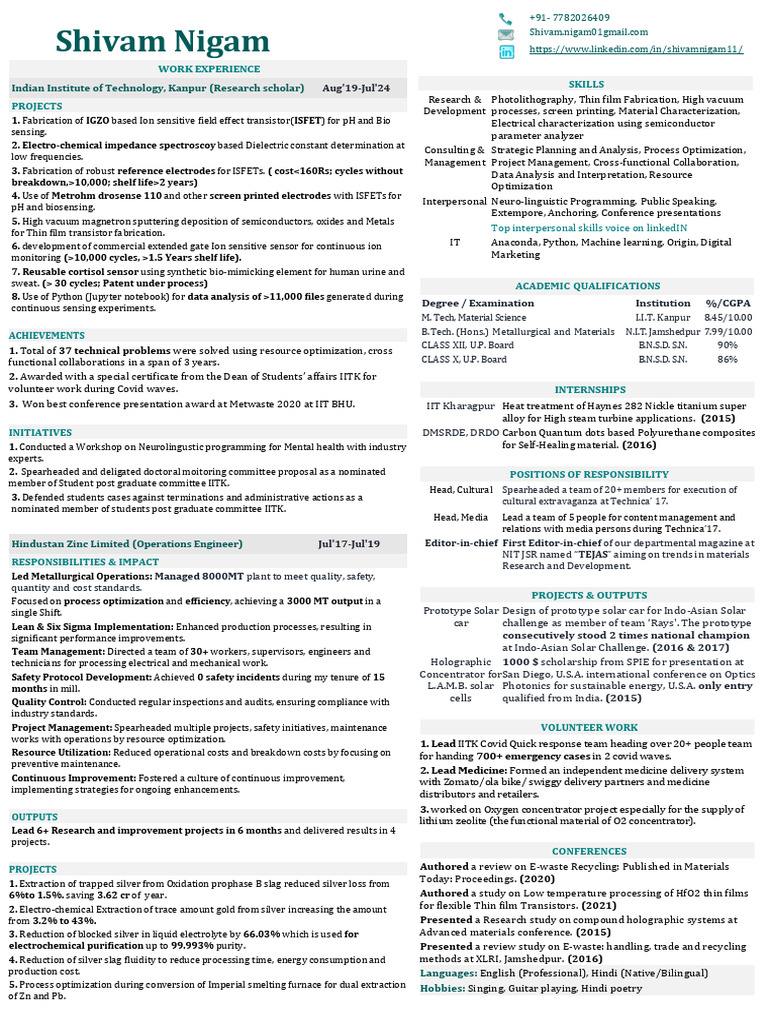 Shivam Nigam Research CV - Two Sides | PDF | Semiconductor Device Fabrication | Sensor