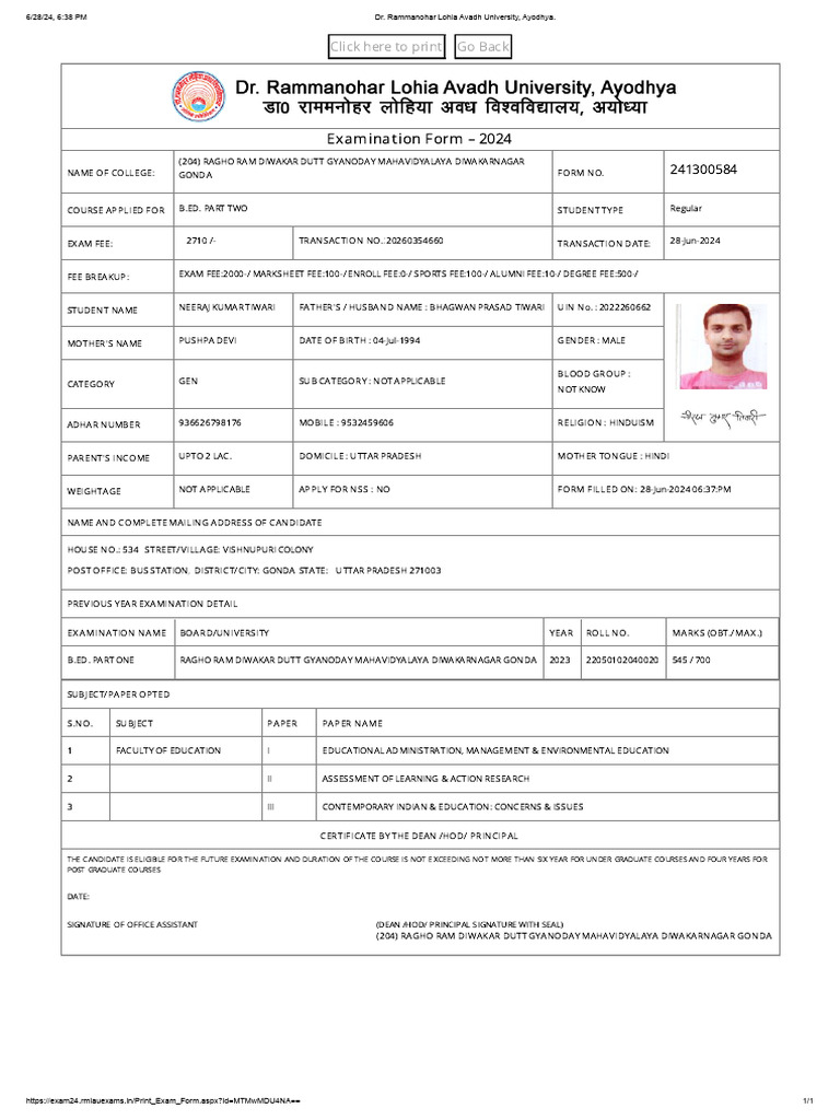 Dr. Rammanohar Lohia Avadh University, Ayodhya - FGDJG | PDF