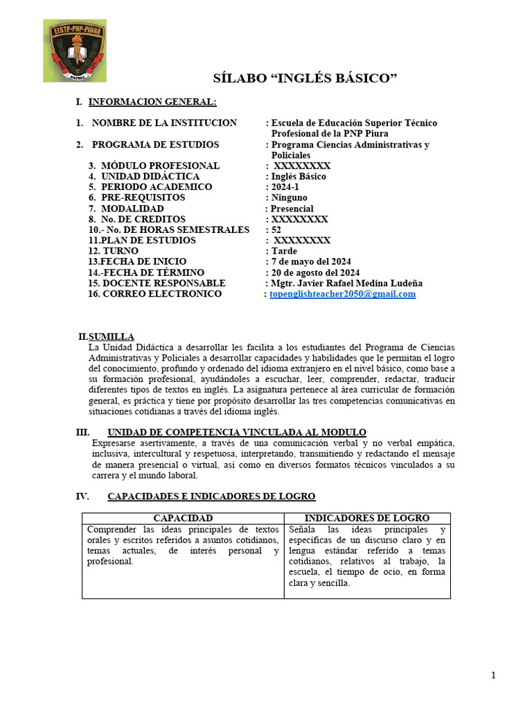Silabo Ingles Basico I 2024 | PDF | Idioma en Inglés | Evaluación