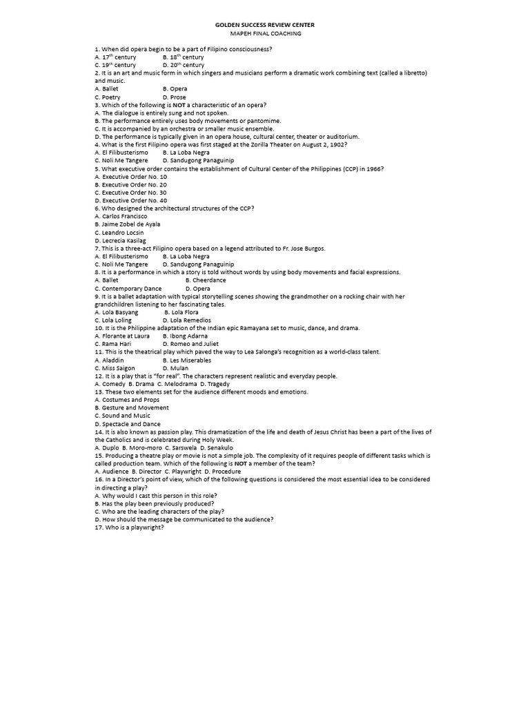 100 Item MAPEH Drill by Sir Mac With Answer Key | PDF | Gymnastics | Dances