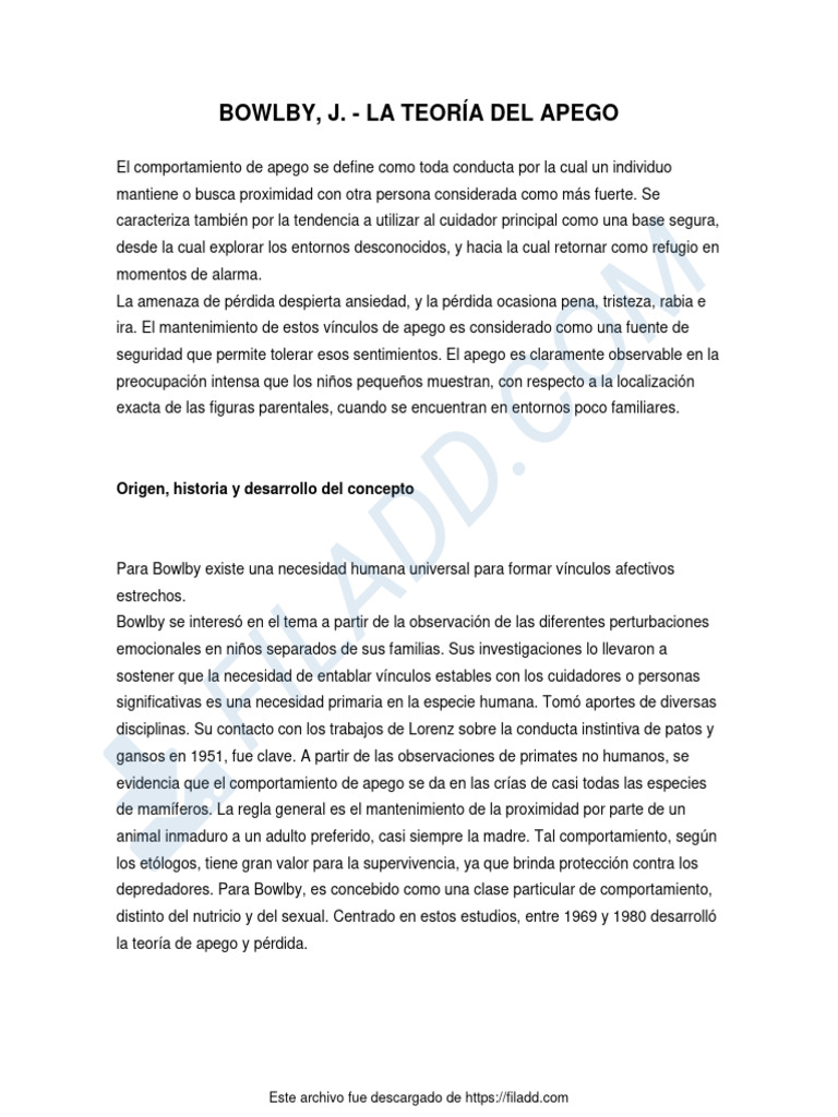 Bowlby La Teoria Del Apego | PDF | Teoría de apego | Psicoanálisis