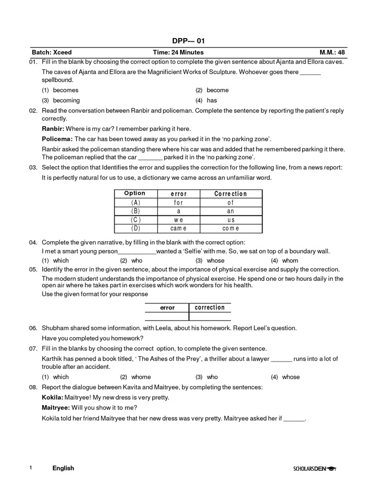 English Grammar and Error Correction Practice | PDF