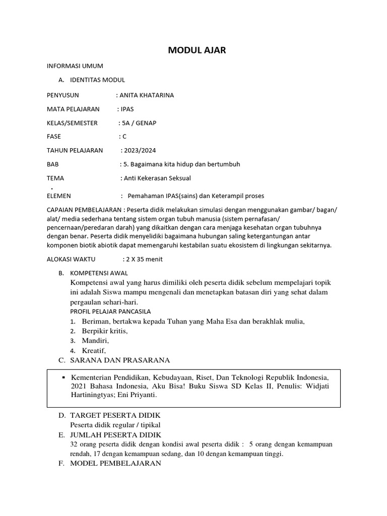 Modul Ajar Anti Kekerasan Seksual Kelas 5a | PDF | Kesehatan Holistik | Sains & Matematika