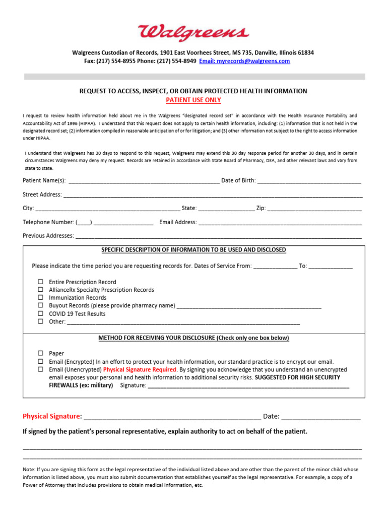Walgreens Records Access Request Form | PDF | Health Insurance ...
