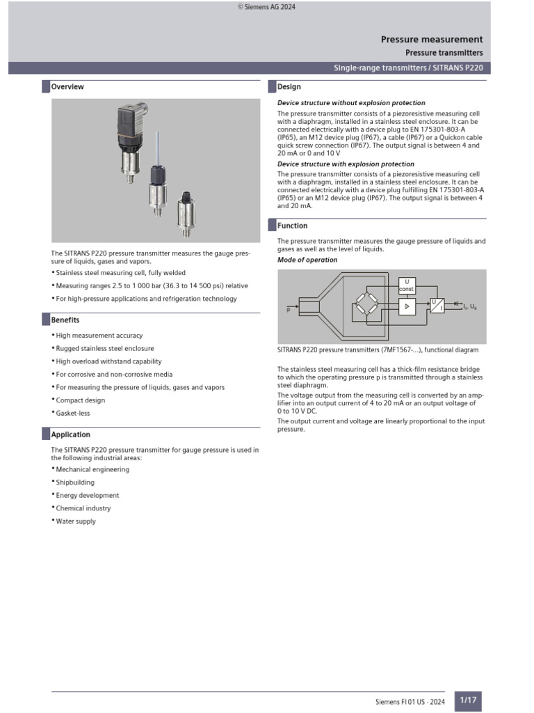 Sitrans p220 - 2024 | PDF | Pressure Measurement | Pressure