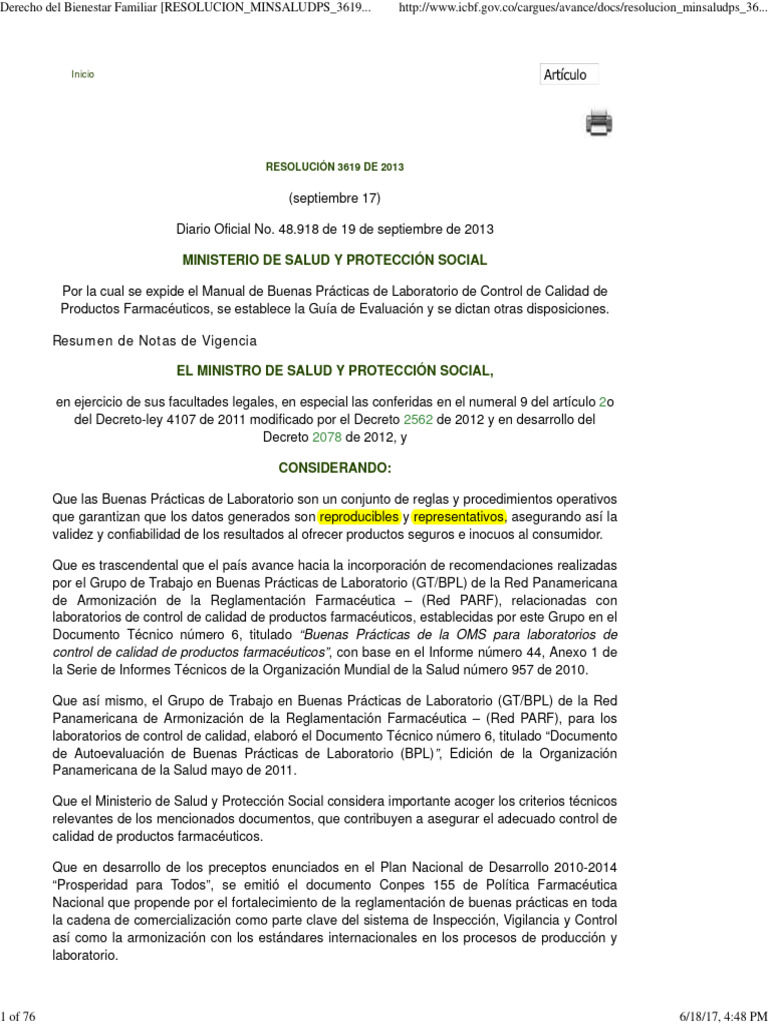 Resolución 3619 de 2013 | PDF | Farmacéutico | Calidad (comercial)