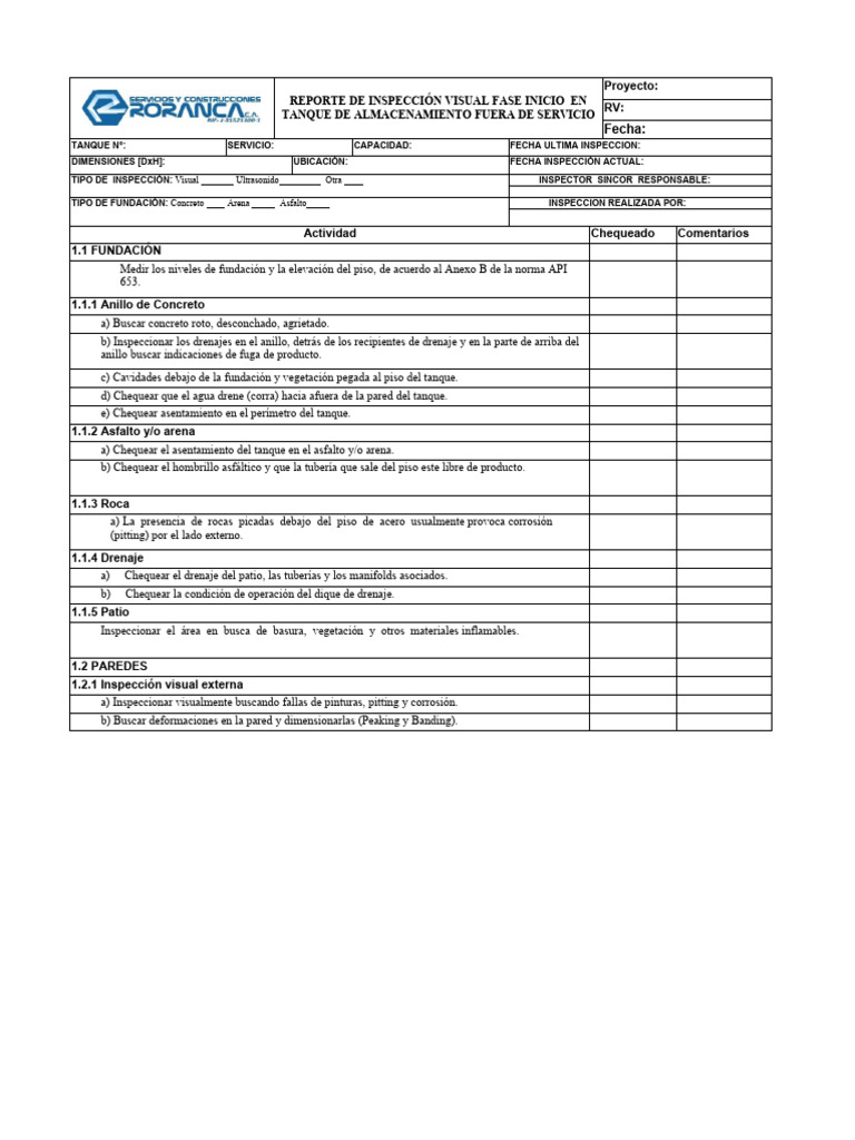 Reporte de Inspección Visual Fase Inicio en Tanque de Almacenamiento ...
