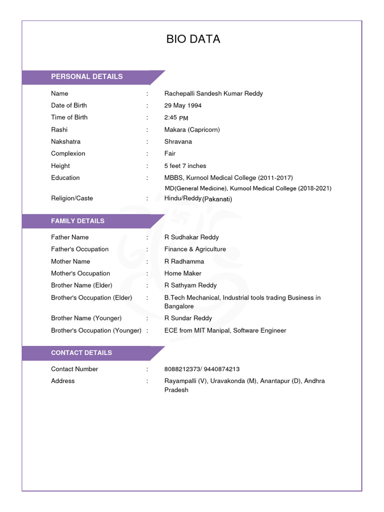 Sandesh Reddy Biodata Final | PDF
