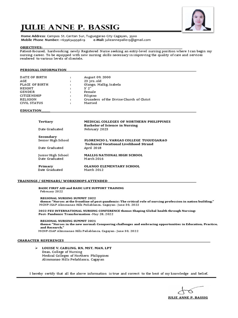 Entry-Level Nurse Resume of Julie Anne Bassig | PDF | Nursing | Health Care