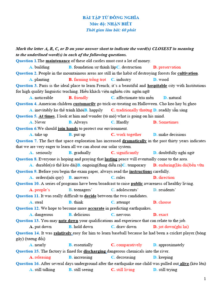 Synonym Practice for Students | PDF
