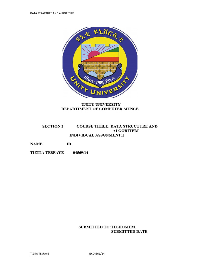Unity University Departiment of Computer Sience: Data Stracture and Algorithm | PDF | Computer ...