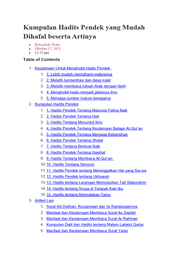 Kumpulan Hadits Pendek Yang Mudah Dihafal Beserta Artinya | PDF | Filsafat | Kajian Bahasa Asing