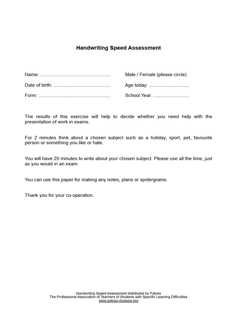Handwriting Speed Assessment | PDF | Learning Disability | Cognition