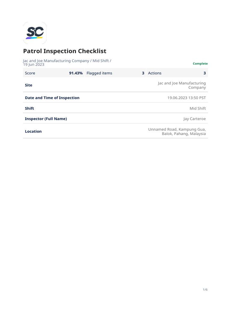 Patrol Inspection Checklist Sample Report | PDF | Forklift