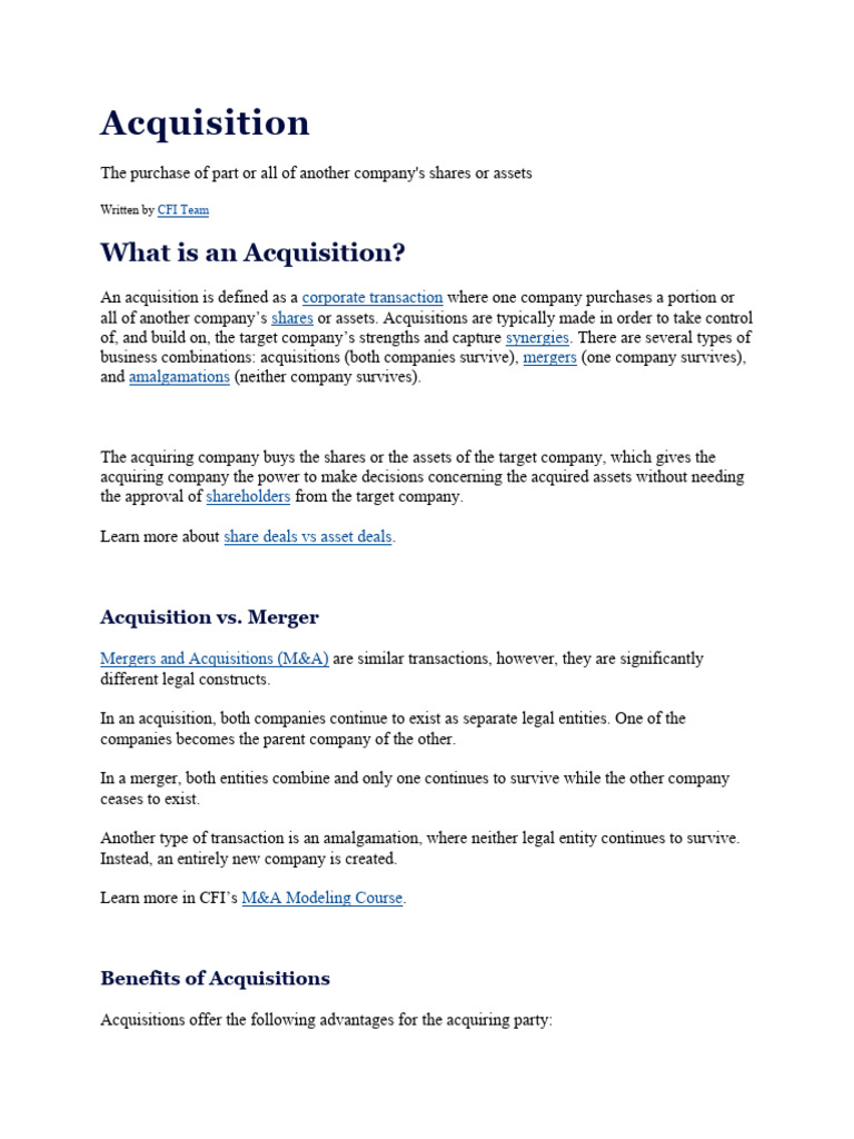 Acquisition: What Is An Acquisition? | PDF | Mergers And Acquisitions ...