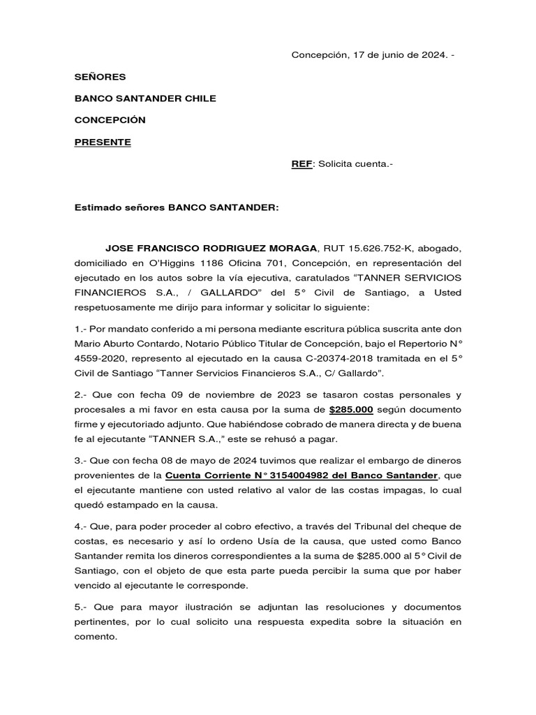 Carta Banco Santander - Costas Tanner-2 | PDF | Bancos | Bancario