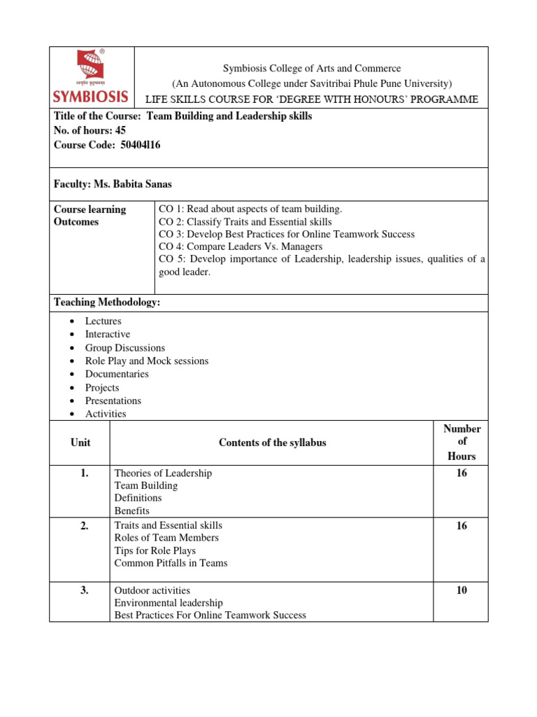 Team Building and Leadership Course outline | PDF | Leadership ...